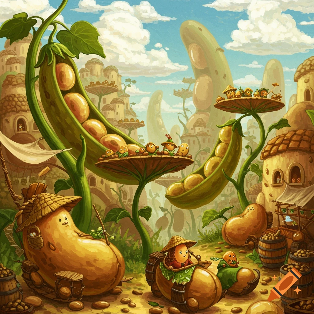 Illustration of a fantasy village built from giant vegetables, with ...