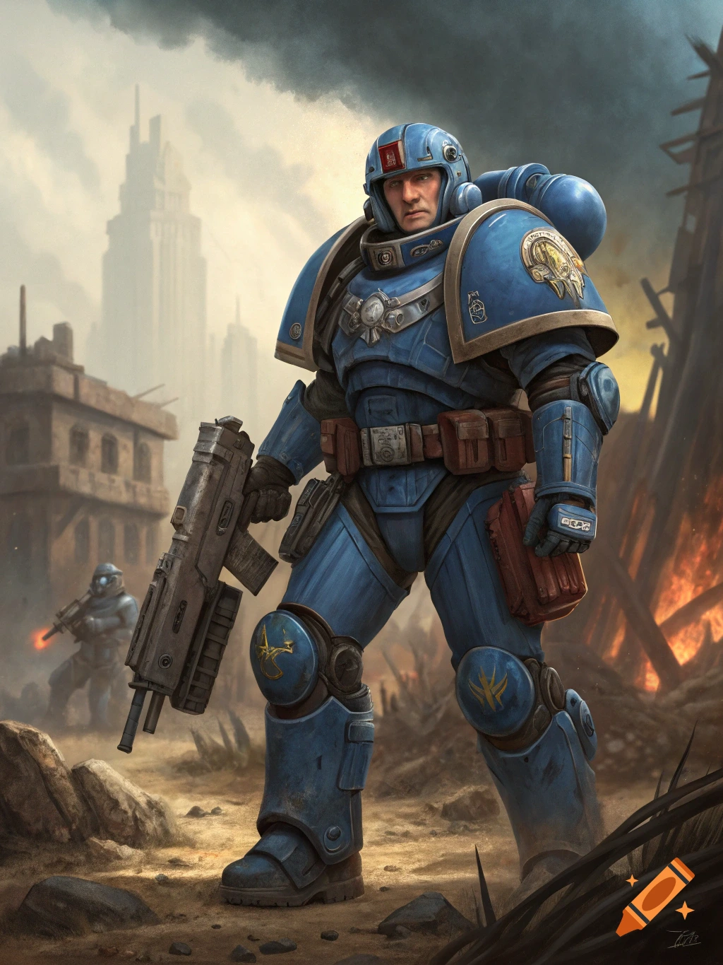 A Warhammer 40k Space Marine in blue power armor stands in a destroyed ...