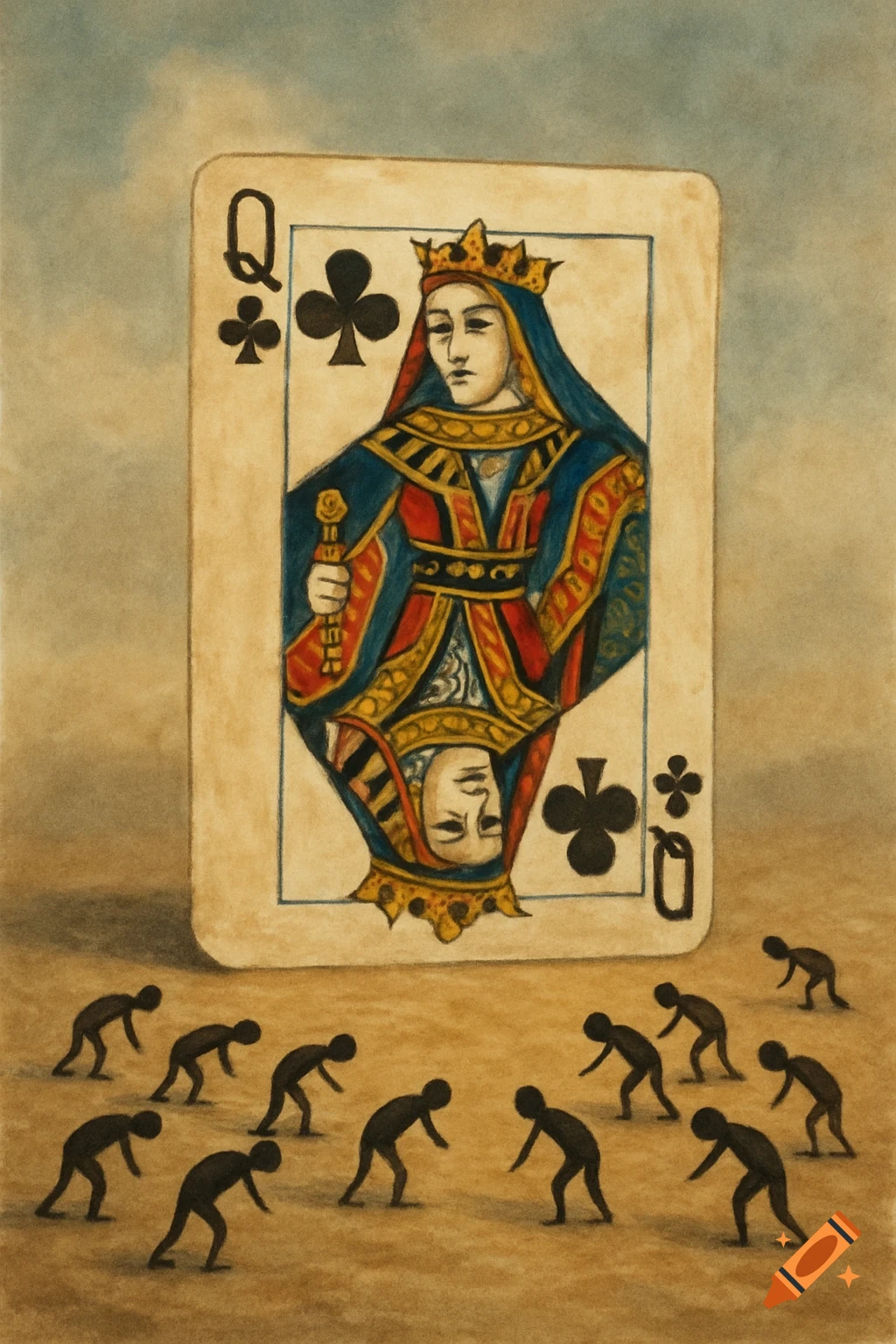 A painted image of a giant Queen of Clubs playing card on the ground ...