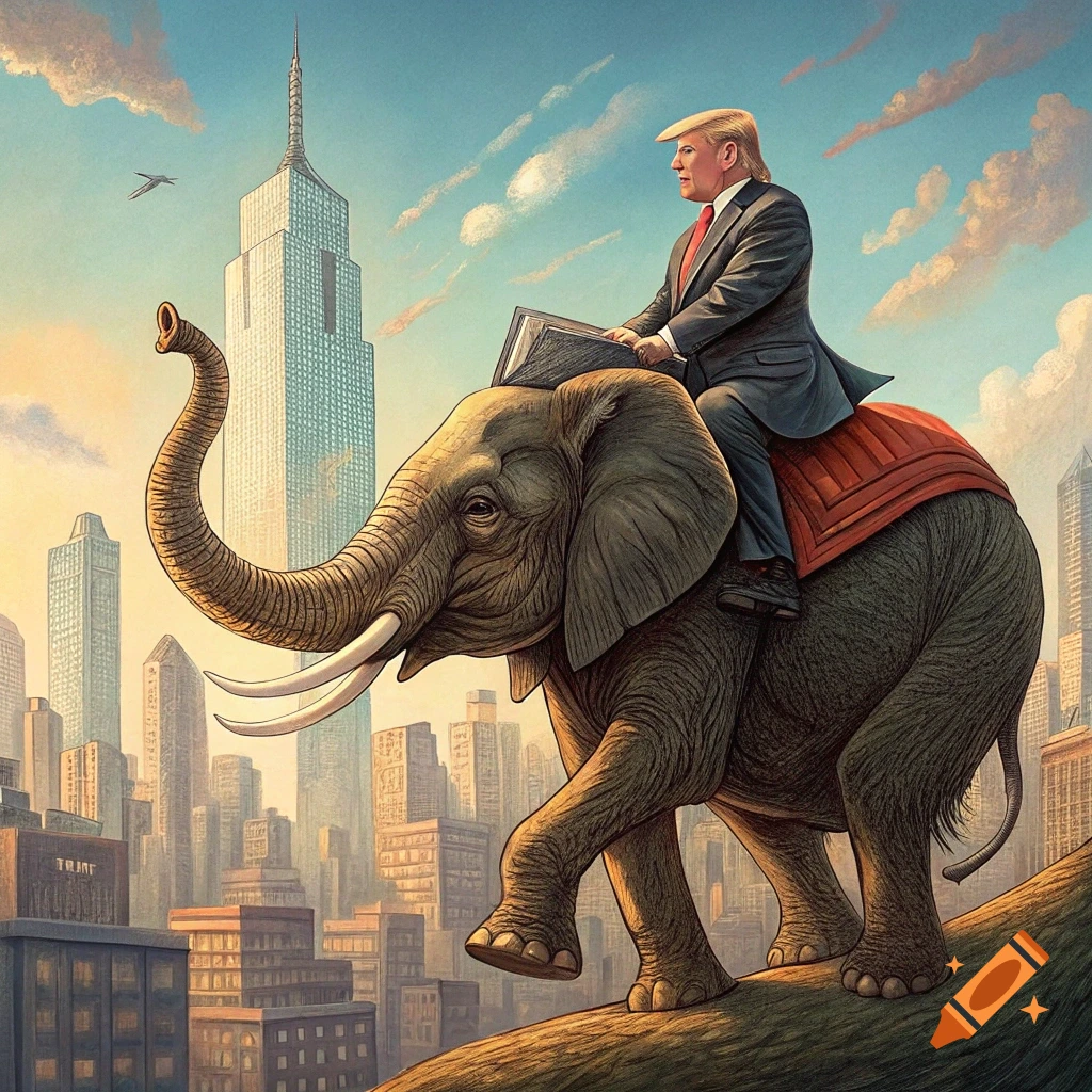 Donald Trump rides an elephant through a city landscape, illustrated ...