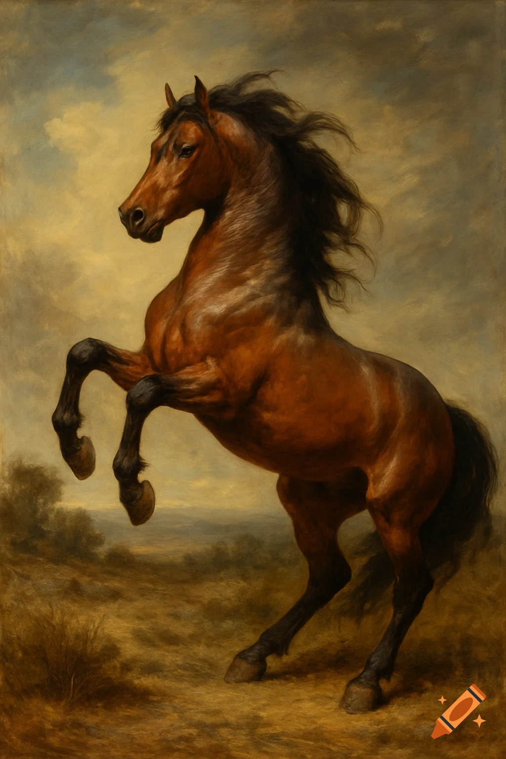 A painting of a brown horse rearing on its hind legs in a field. on Craiyon