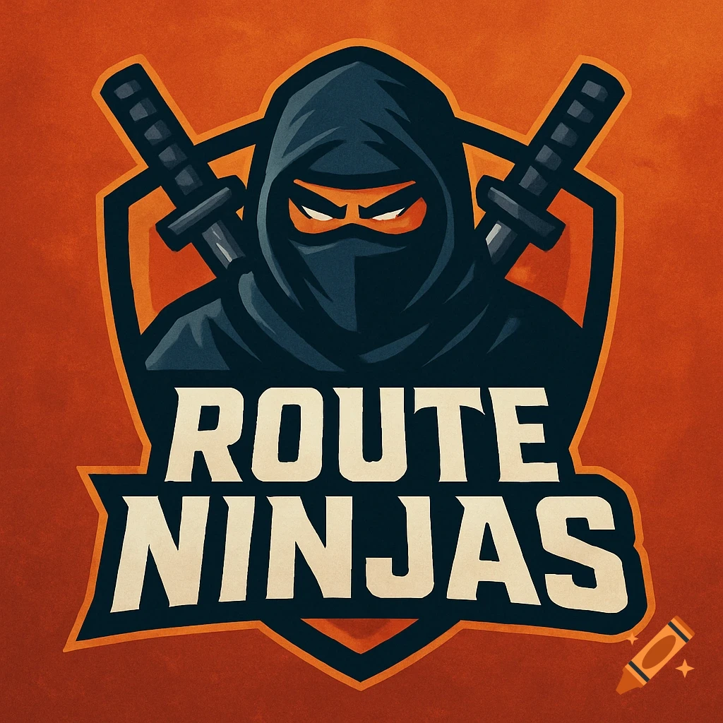 Logo with a ninja head and crossed swords, reading 'ROUTE NINJAS' on Craiyon