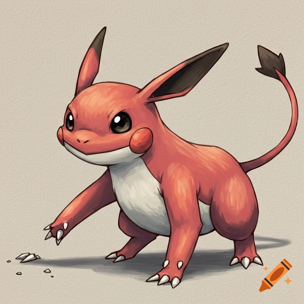 A cartoonish illustration of a red creature resembling a Pokemon with ...