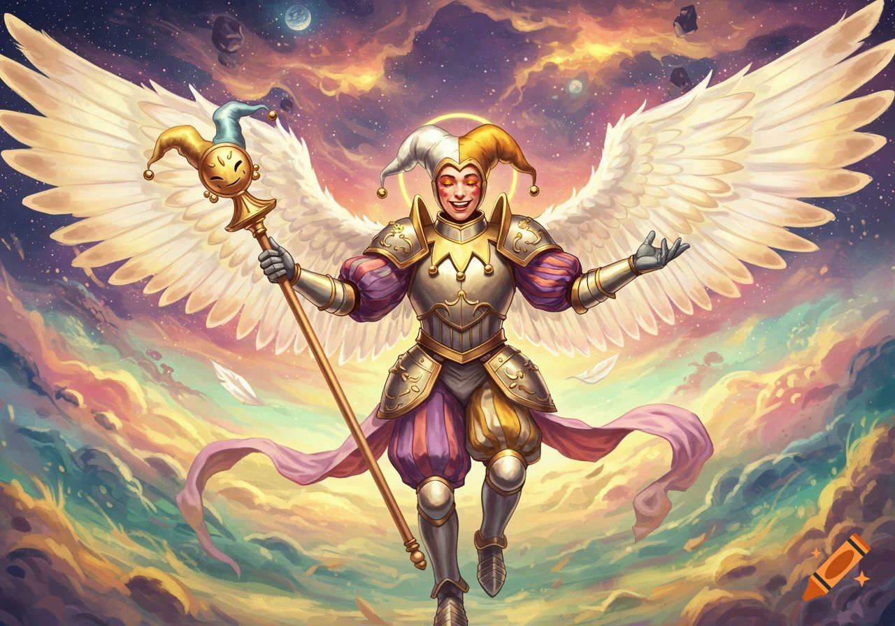 Fantasy illustration of an angelic jester knight flying through a ...
