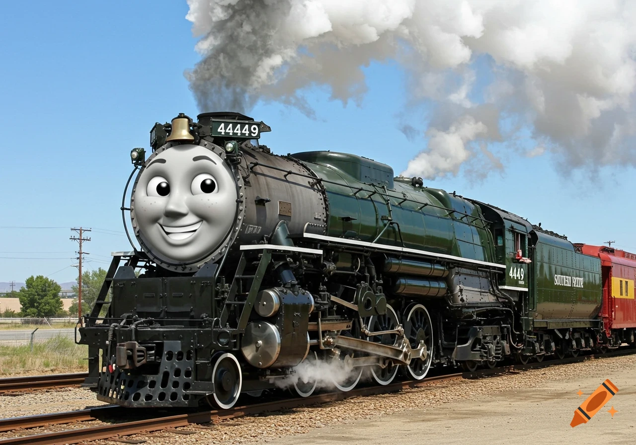 A large black and green steam train with a smiling cartoon face on the ...