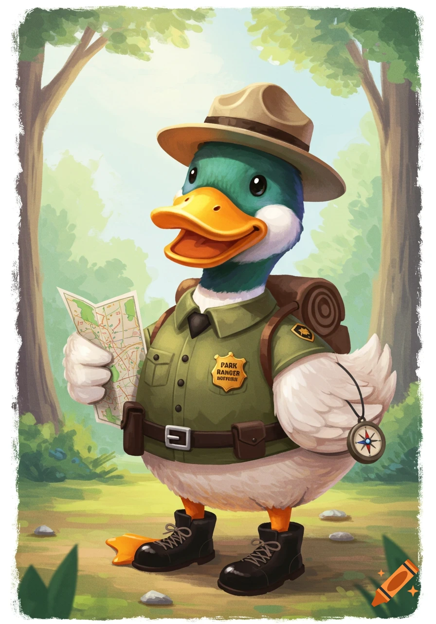 Cartoon duck dressed as a park ranger holding a map in a forest. on Craiyon