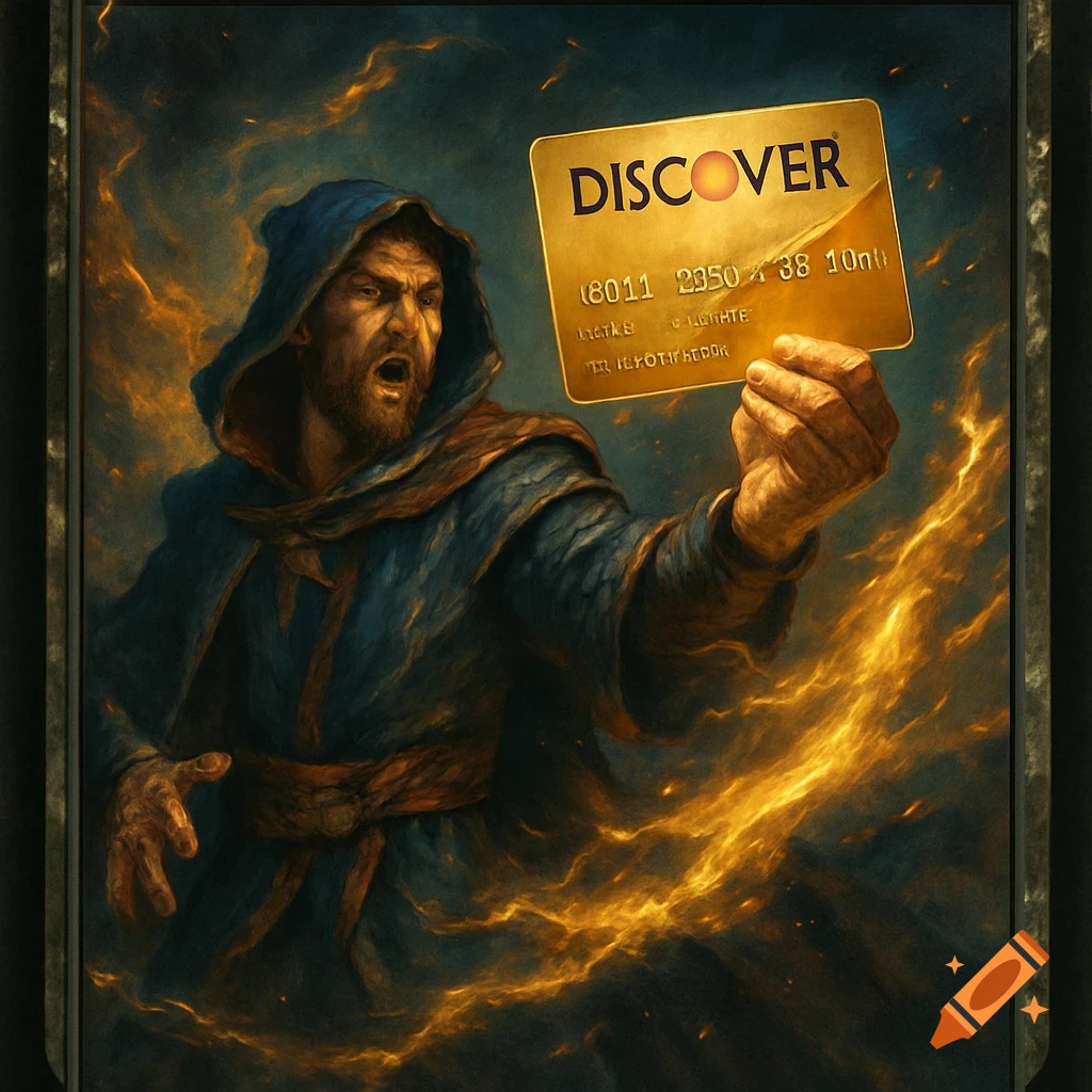 A robed wizard-like figure holds up a golden credit card in a dark ...
