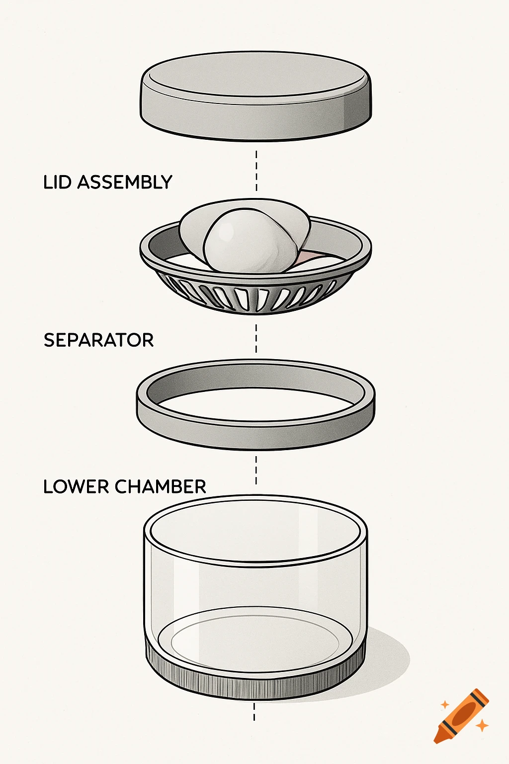 Exploded technical diagram of an egg cracking and separating device ...