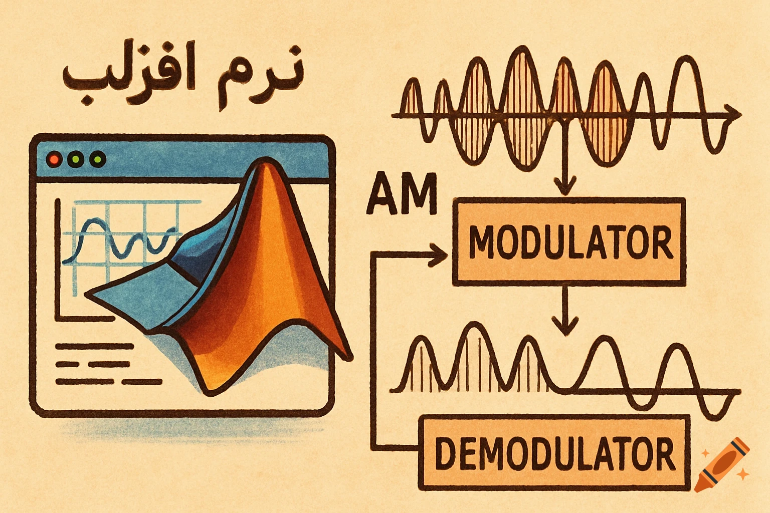 Illustration of AM modulation/demodulation diagram with MATLAB logo and ...