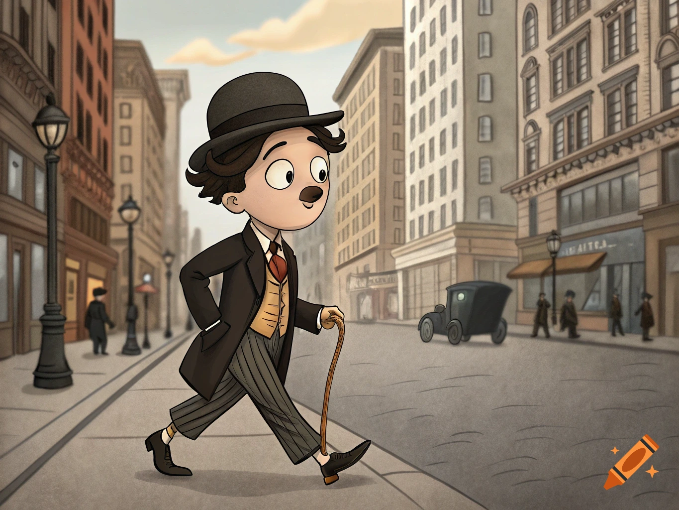 Cartoon of Charlie Chaplin walking with a cane down a street in a 1920s ...