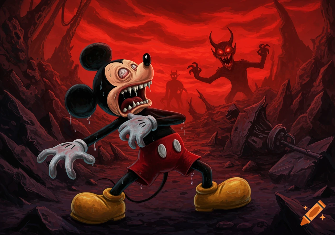 Distorted Mickey Mouse in a hellscape, scared by laughing demons, dark ...