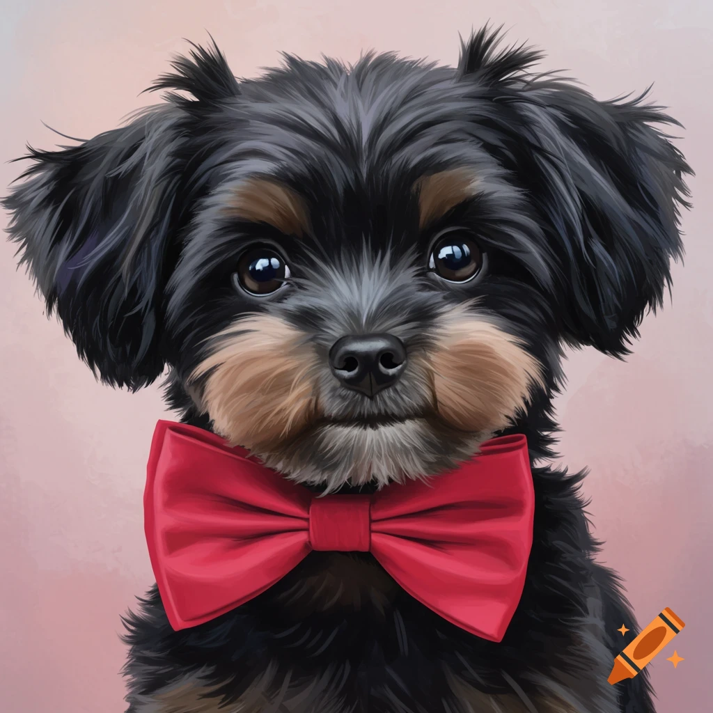Close-up portrait of a black Yorkie-Poo dog wearing a red bow tie on ...