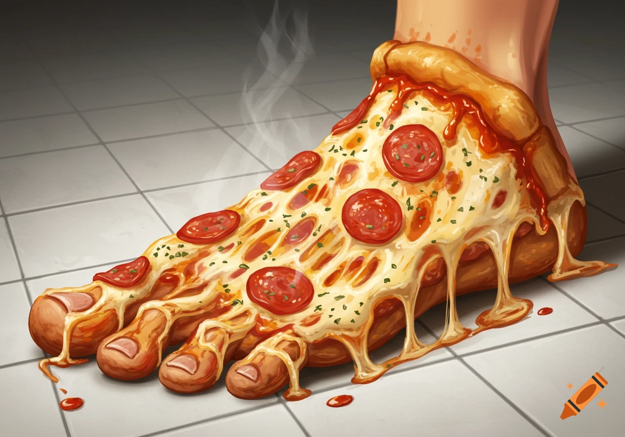 A human foot covered in melting pizza with pepperoni on a tiled floor ...
