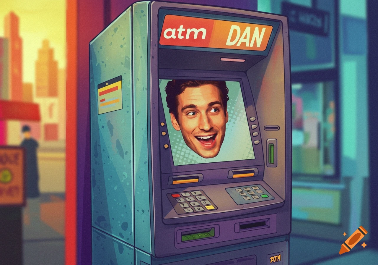 Stylized illustration of an ATM machine with a man's smiling face on ...