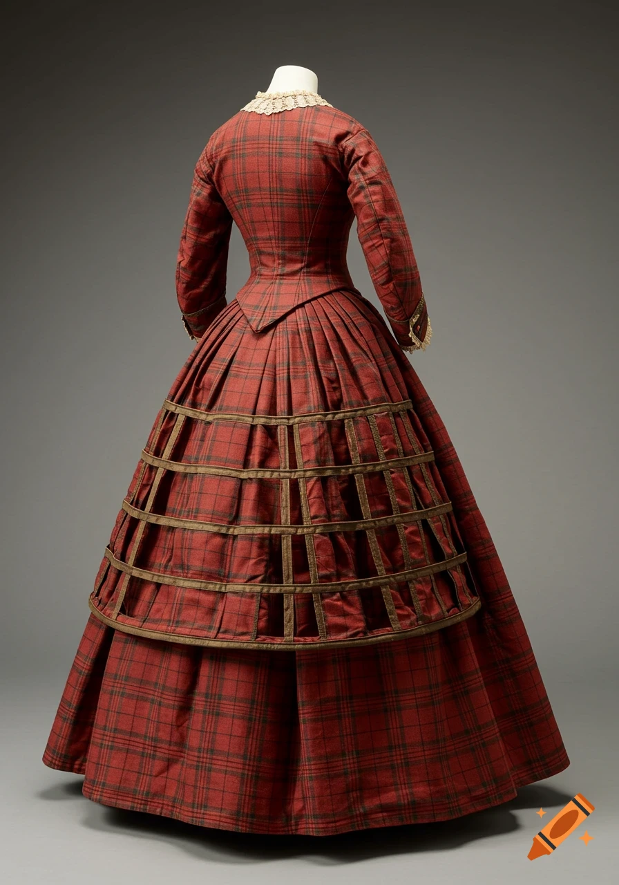 Red plaid 1860s hoop skirt dress on a mannequin. on Craiyon