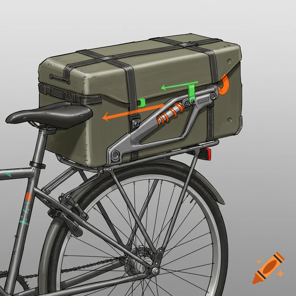 Technical illustration of a bicycle rear rack with a suspension system ...