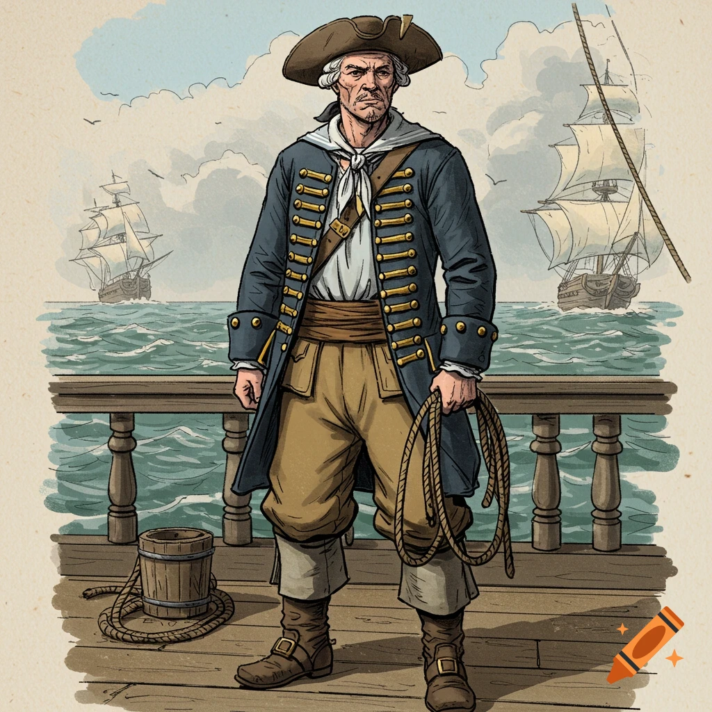 Illustration of a pirate standing on a ship deck with two ships in the ...
