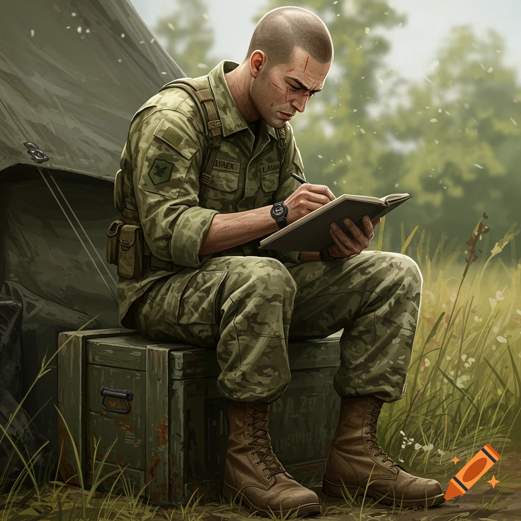 A soldier in camouflage sits on a crate outdoors, writing in a notebook ...