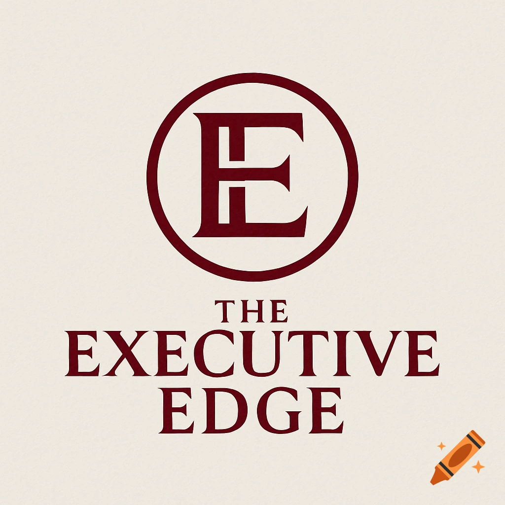 The Executive Edge logo in ruby red on a light background with stylized E on Craiyon
