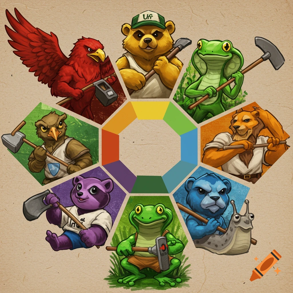 An illustration of a collage of animal mascots (hawk, bear, raccoon ...