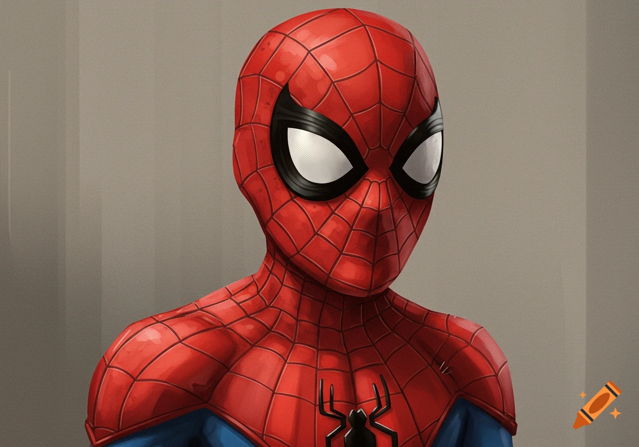 Close-up illustration of Spider-Man's head and shoulders in his red and ...