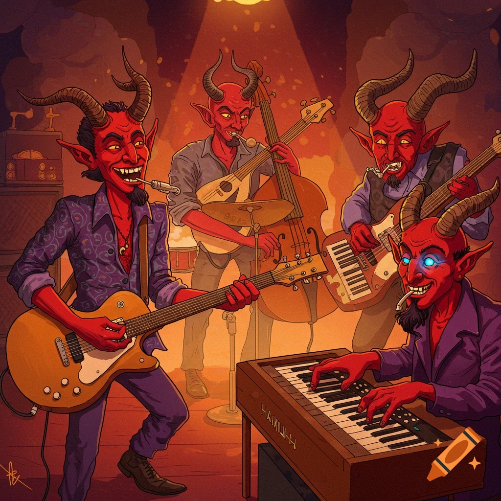 A band of red demons with horns plays musical instruments on a stage in ...