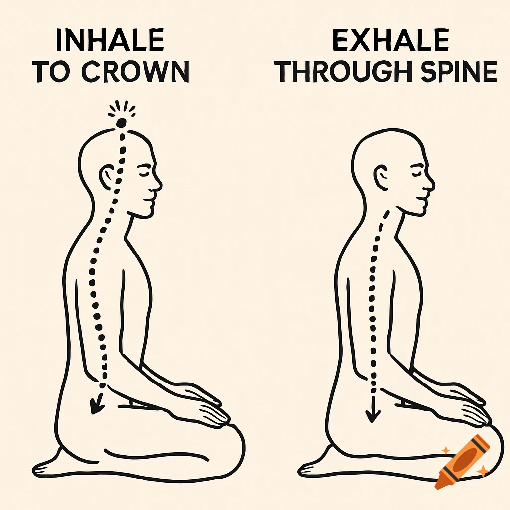 Line diagram illustrating inhale-to-crown and exhale-through-spine ...