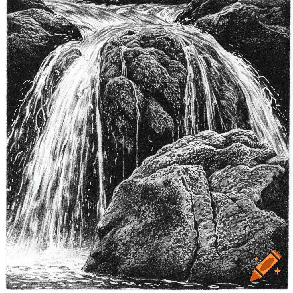 Black and white drawing of a waterfall cascading over large rocks. on ...