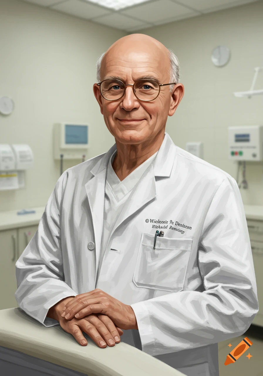 Portrait of a bald older doctor wearing glasses and a white lab coat in ...