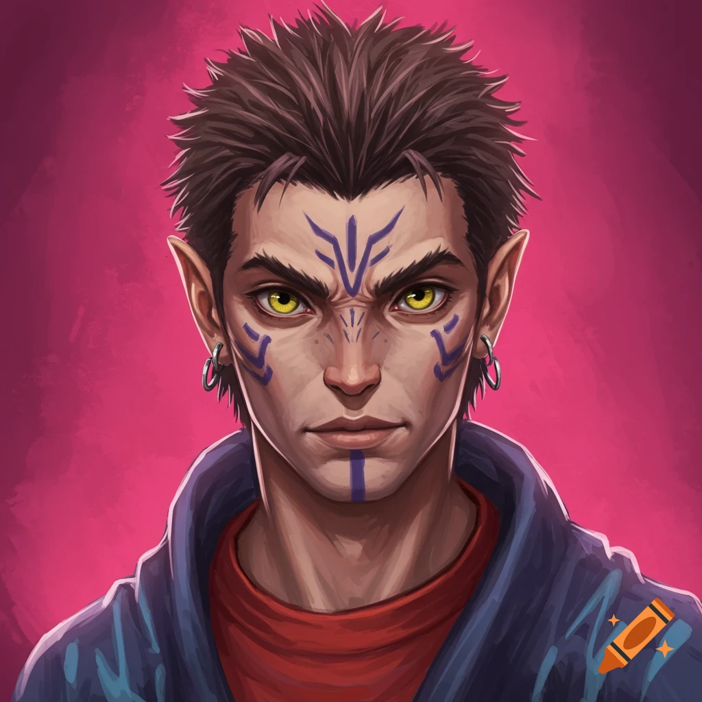 Portrait of a fantasy character with pointy ears, yellow eyes, and face ...