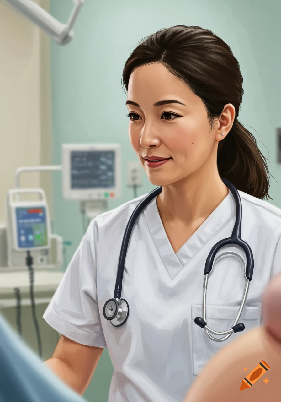 A detailed illustration of a nurse wearing scrubs and a stethoscope in ...