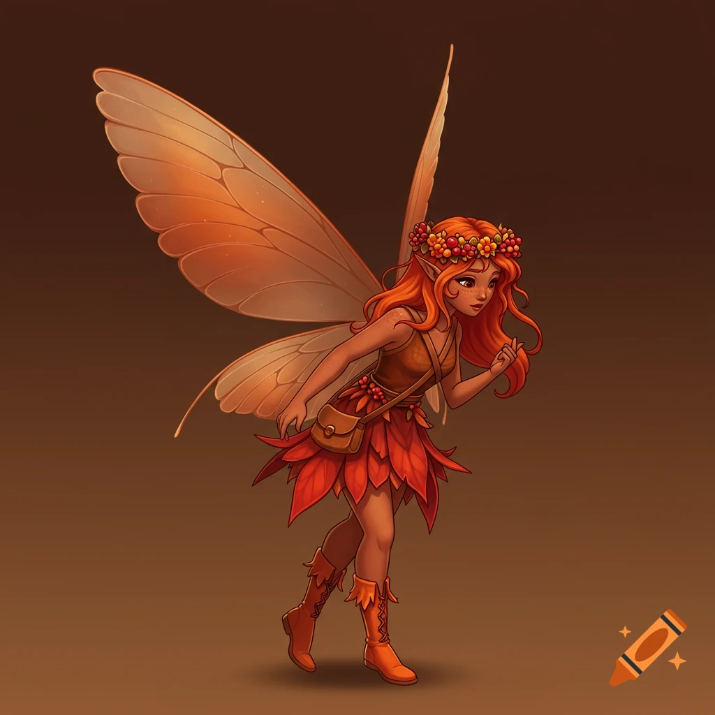 2D illustration of a fairy with orange wings, leafy skirt, and berry ...