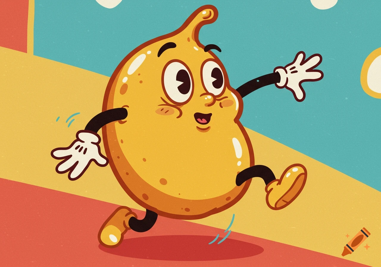 A retro cartoon character resembling a bean or potato is running with a ...