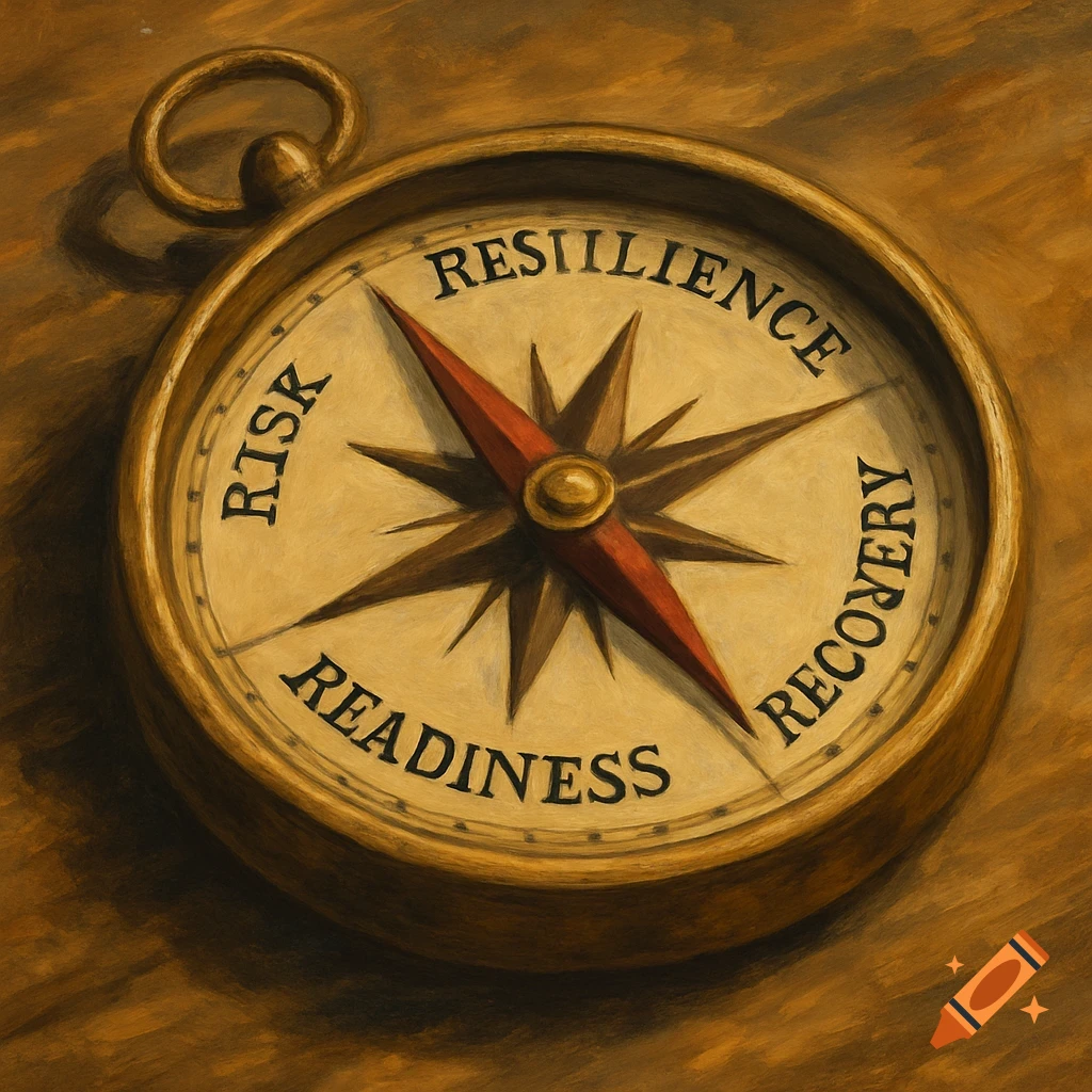 A close-up painting of an old compass with a red needle. The compass ...