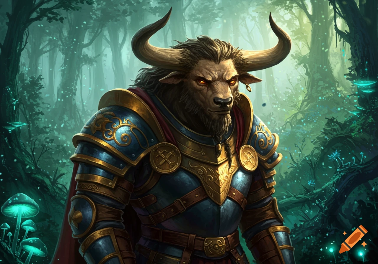 A Minotaur lord in medieval armor stands in an enchanted forest. on Craiyon