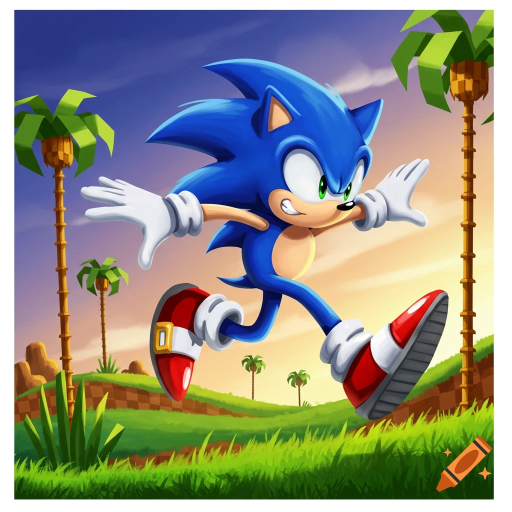 Sonic the Hedgehog runs through a grassy landscape with palm trees at ...