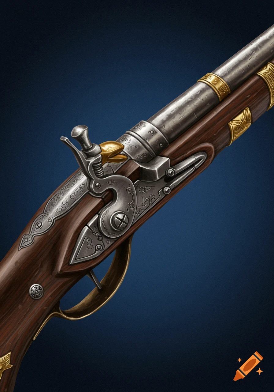Close-up illustration of an antique musket lock and barrel. on Craiyon