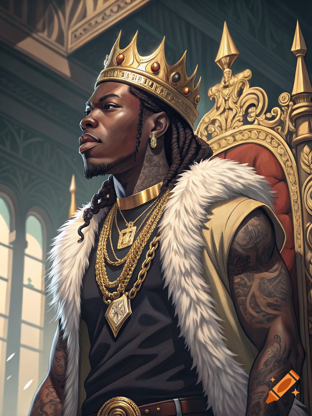 Illustrative portrait of a king wearing a gold crown and chains ...