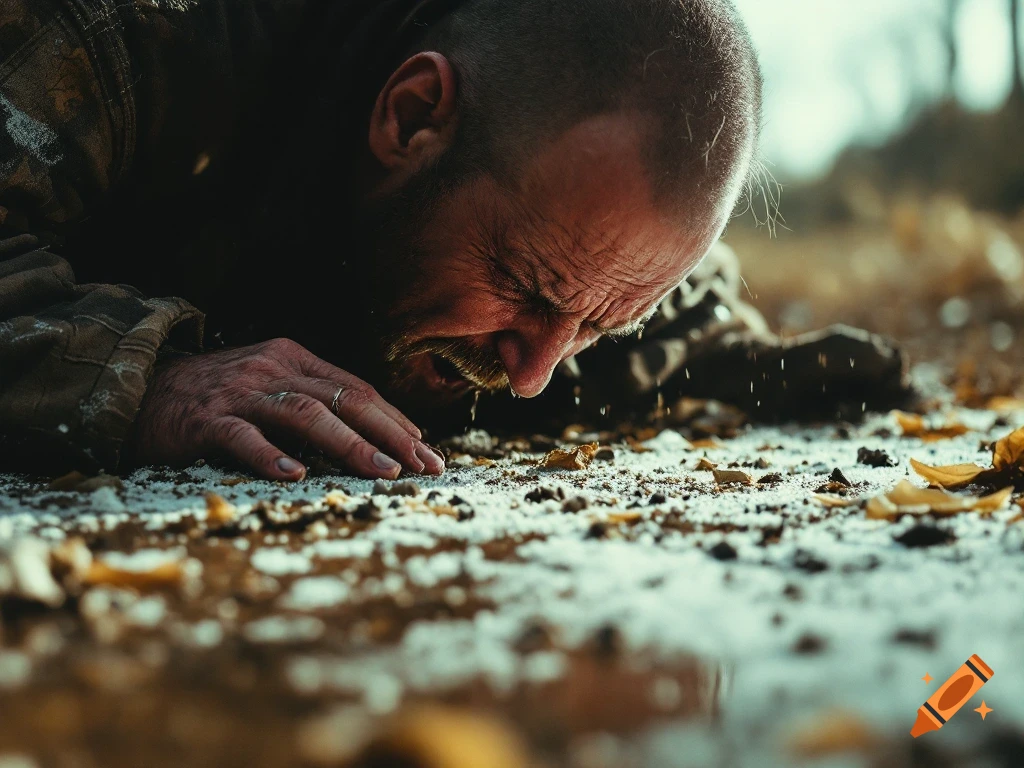 Close-up, low-angle photorealistic shot of a distraught man crying over ...