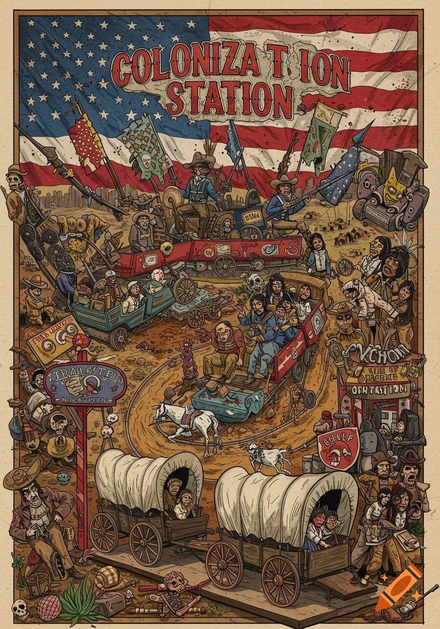 Cartoon illustration of a carnival ride called "Colonization Station ...