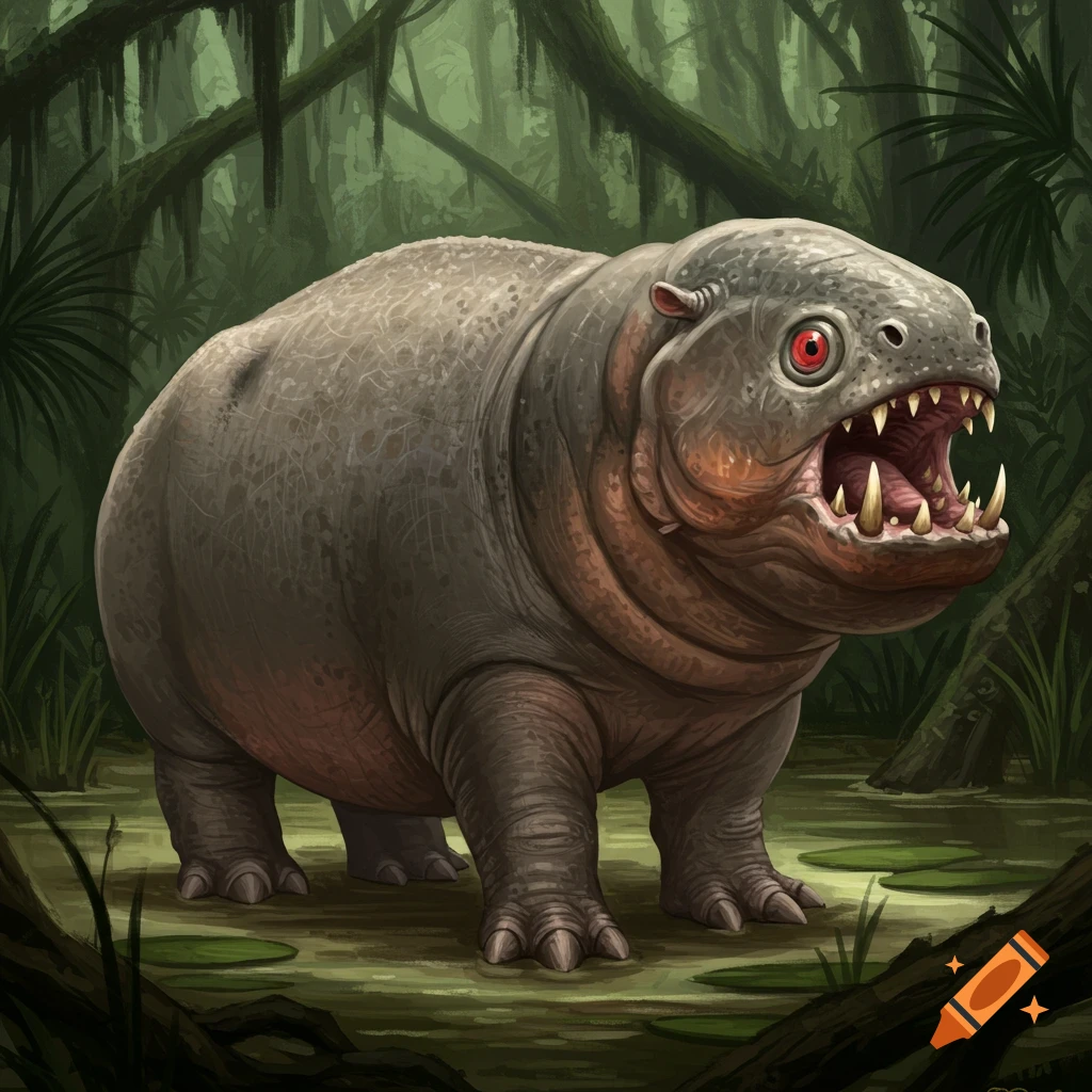 A fierce fantasy creature, a mix of a hippo and a piranha with red eyes ...