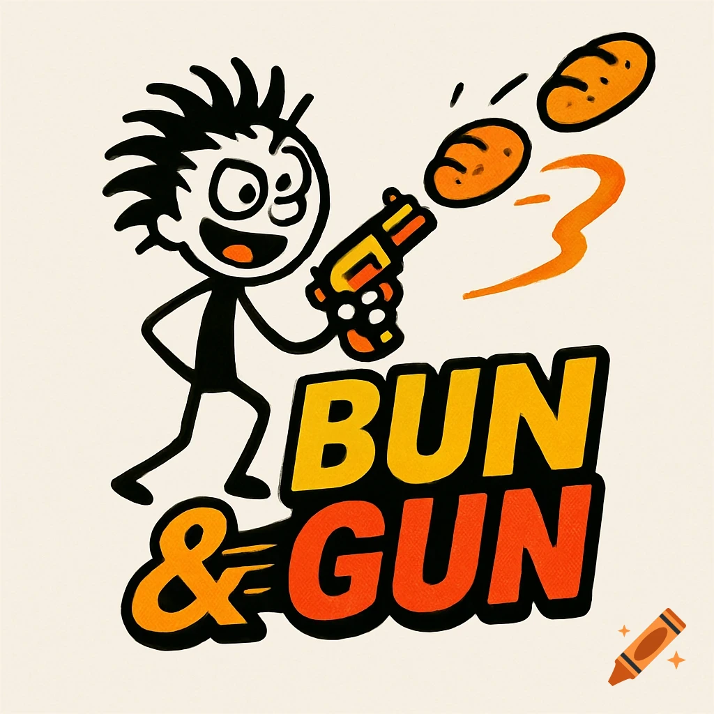 A cartoon stick figure with crazy hair shoots buns from a gun. Large ...
