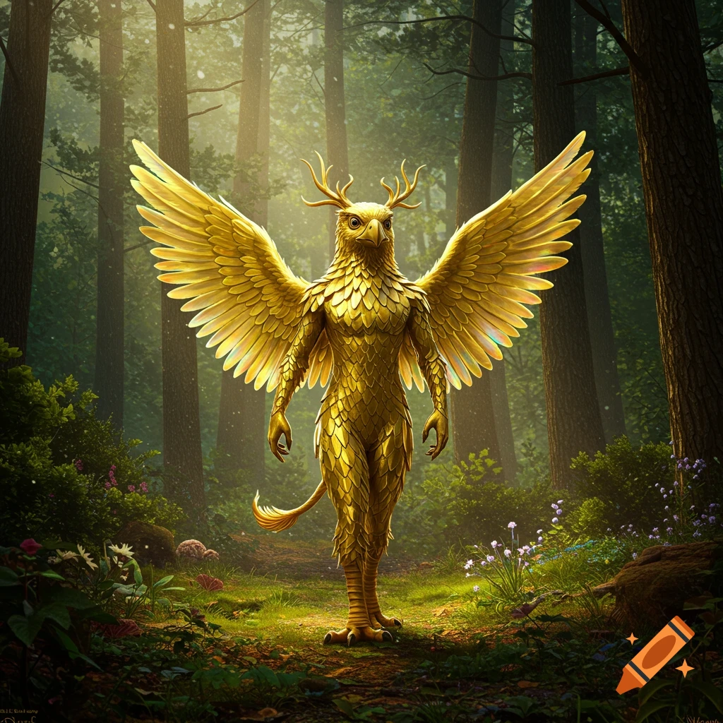 A golden griffin-like creature with antlers stands in an enchanted ...