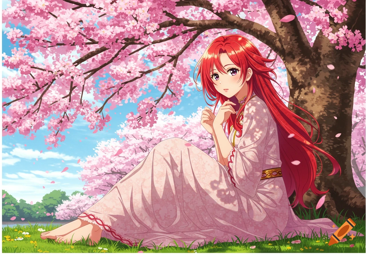 A woman with red hair sits under a flowering cherry tree in anime style ...