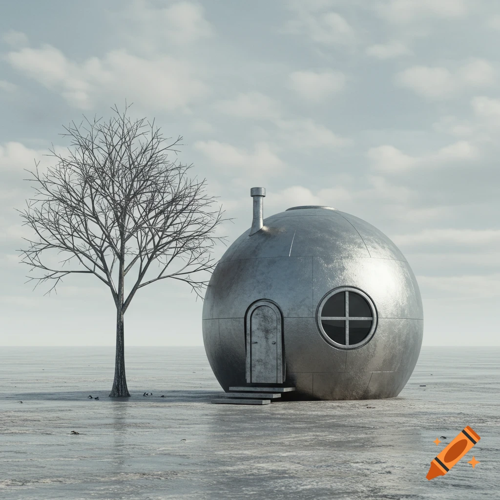Metallic spherical house and bare tree in a desolate landscape under a ...