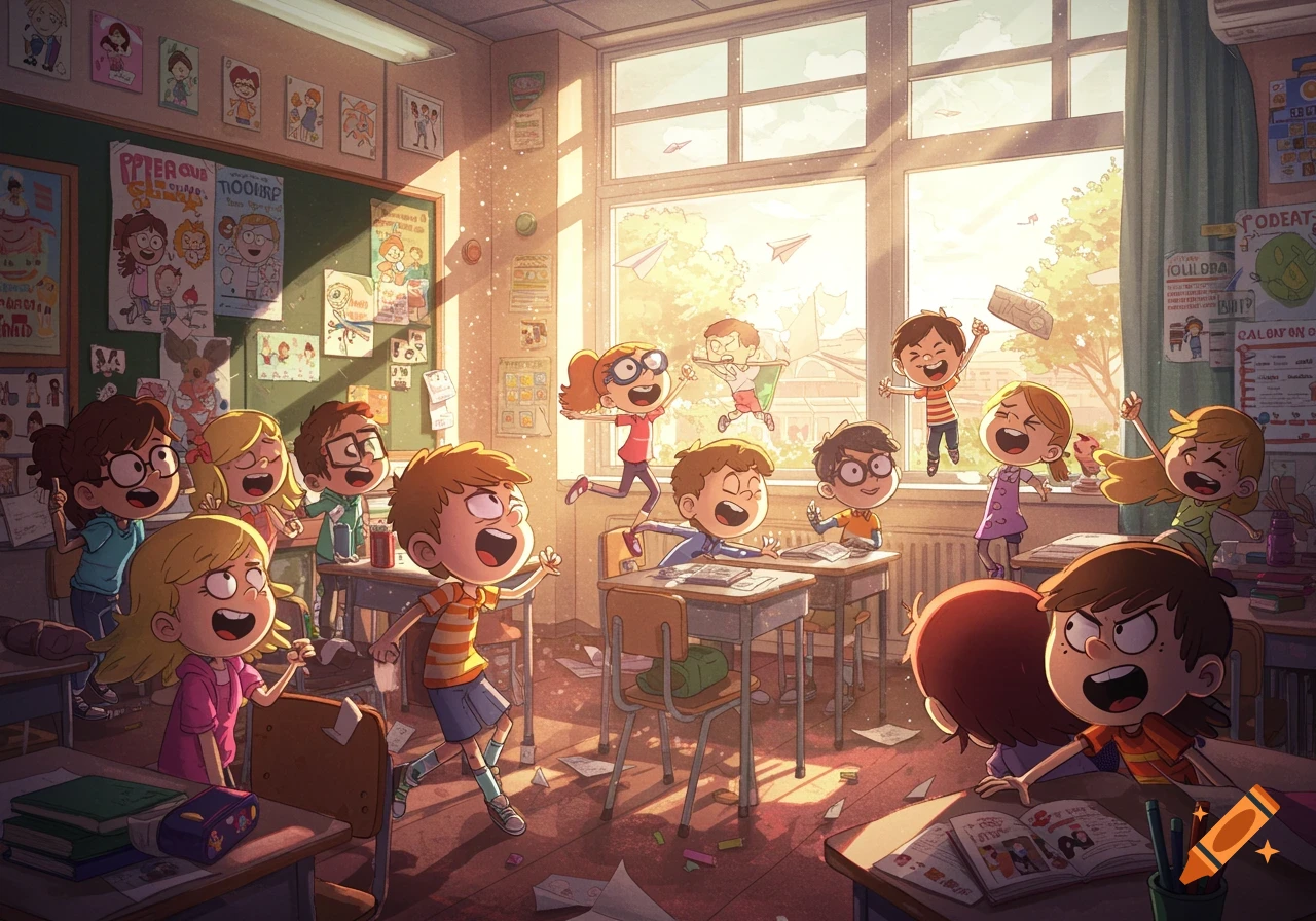 Cartoon illustration of children playing and making noise in a chaotic ...