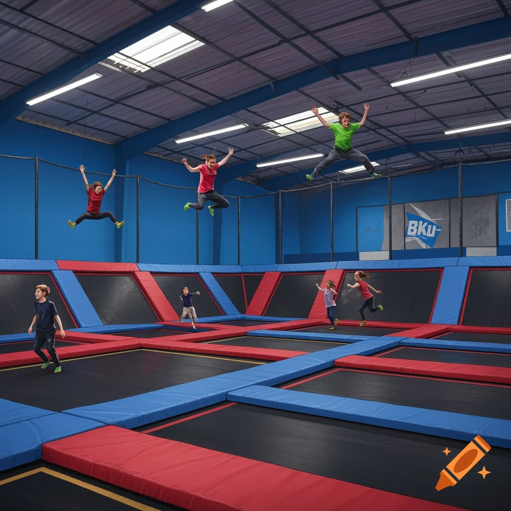 People jumping on trampolines in a large indoor park with blue and red ...