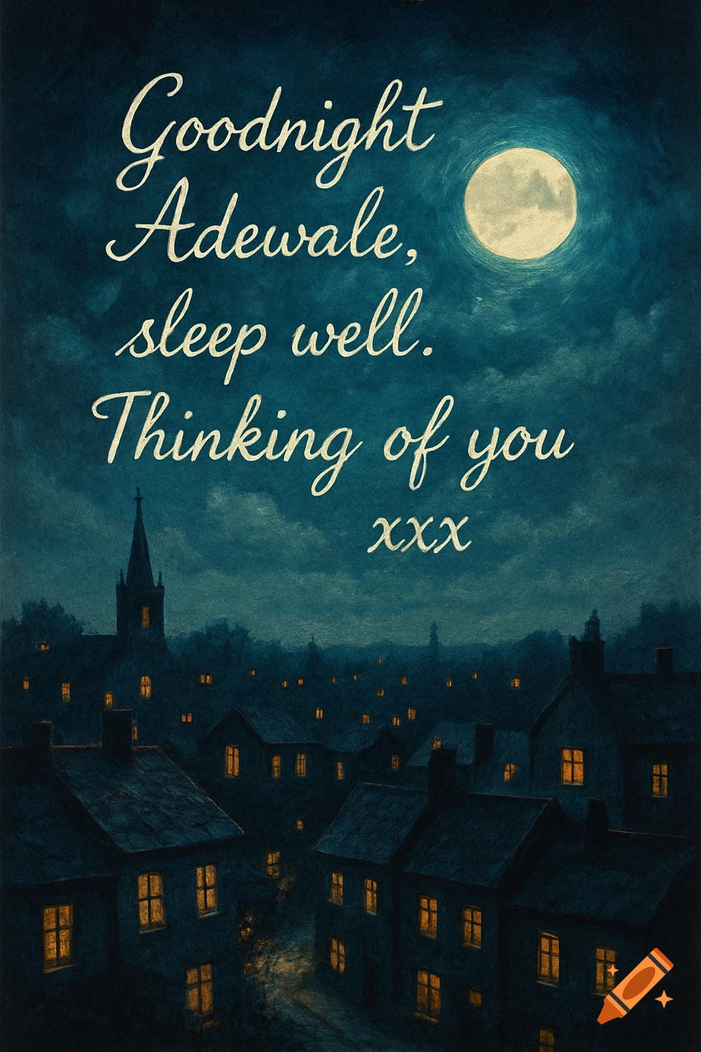 Goodnight message over a sleepy town at night under a full moon. on Craiyon