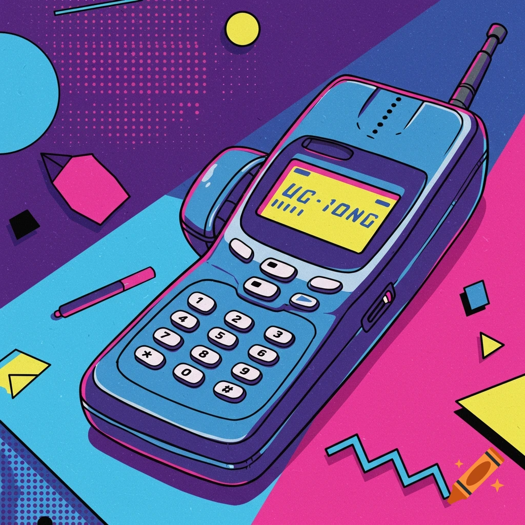 Cartoon illustration of an 80s/90s cell phone with geometric shapes in ...