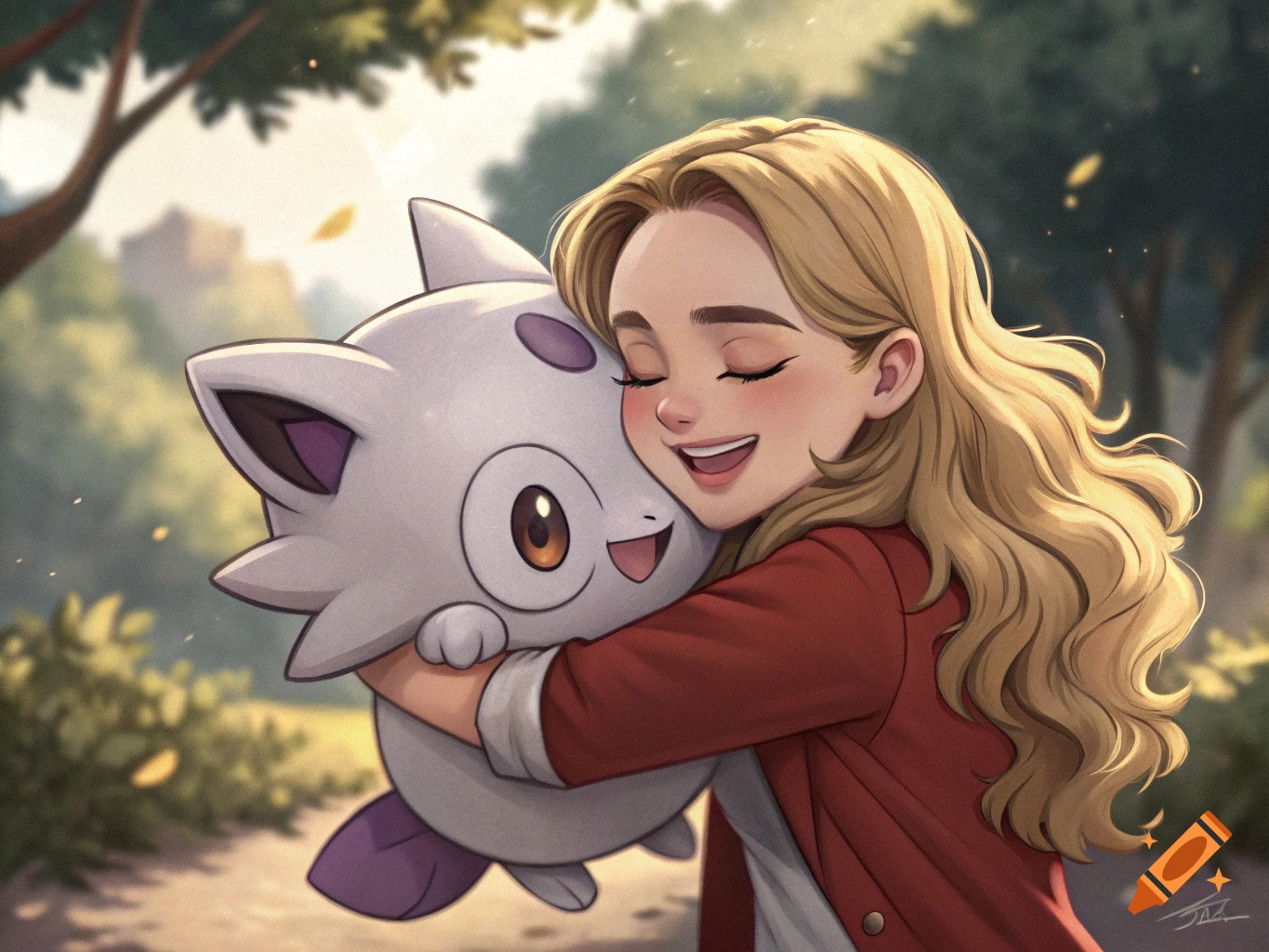 An anime illustration of a girl hugging a grey and purple Pokemon ...